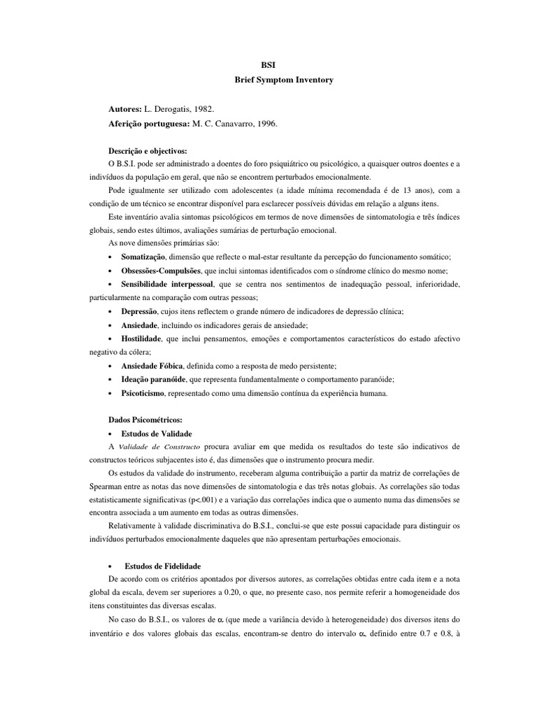 BSI - Brief Symptom Inventory para avaliação de sintomas psicológicos ...