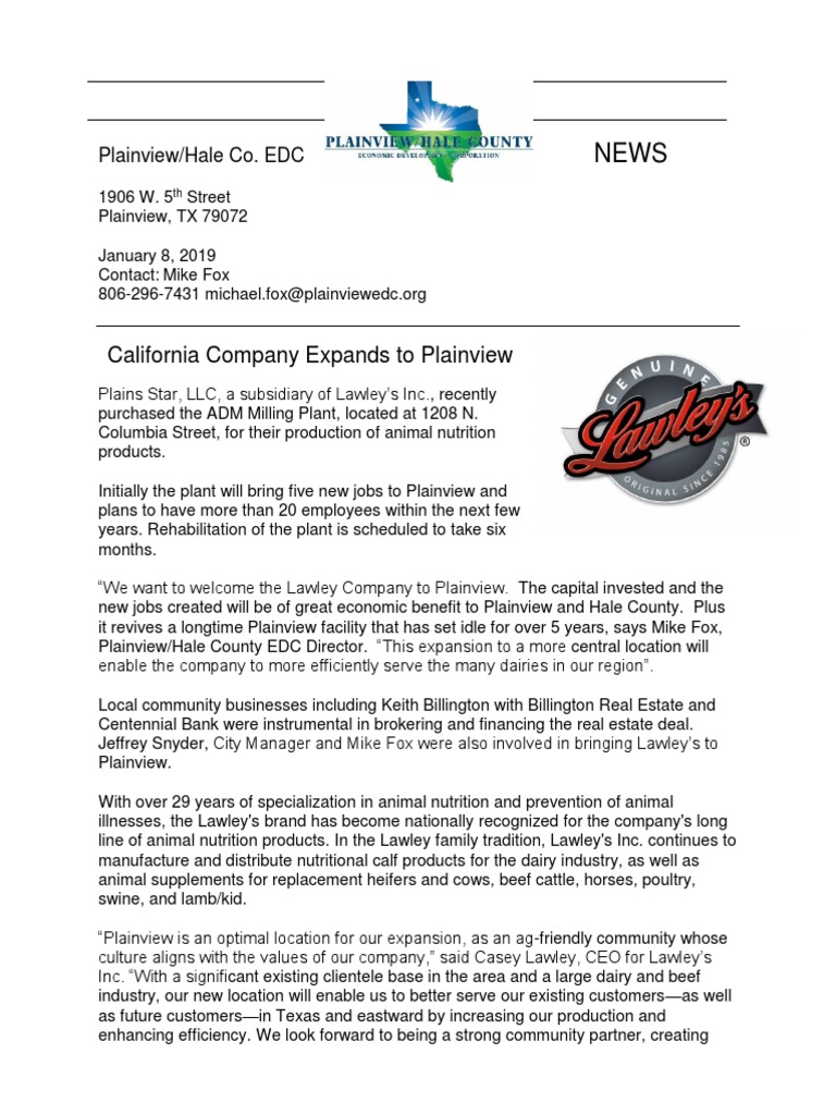 California Company Expands To Plainview: Plainview/Hale Co. EDC | PDF ...