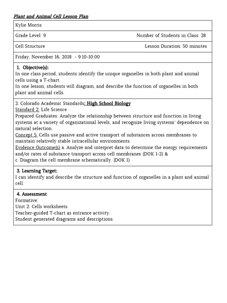 Lesson Plan - Comparing Plant Animal Cells | PDF | Cell (Biology ...