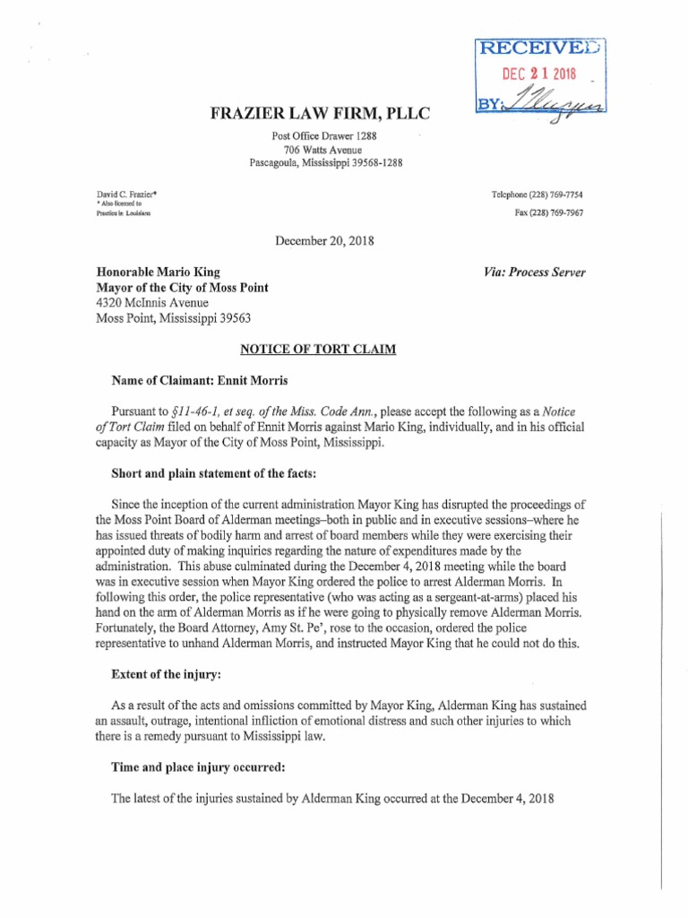 Notice of Tort Claim - Ennit Morris 12202018 | PDF