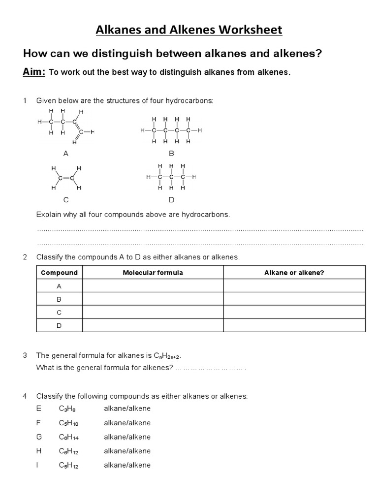 Alkanes and Alkenes Worksheet | PDF | Alkene | Alkane