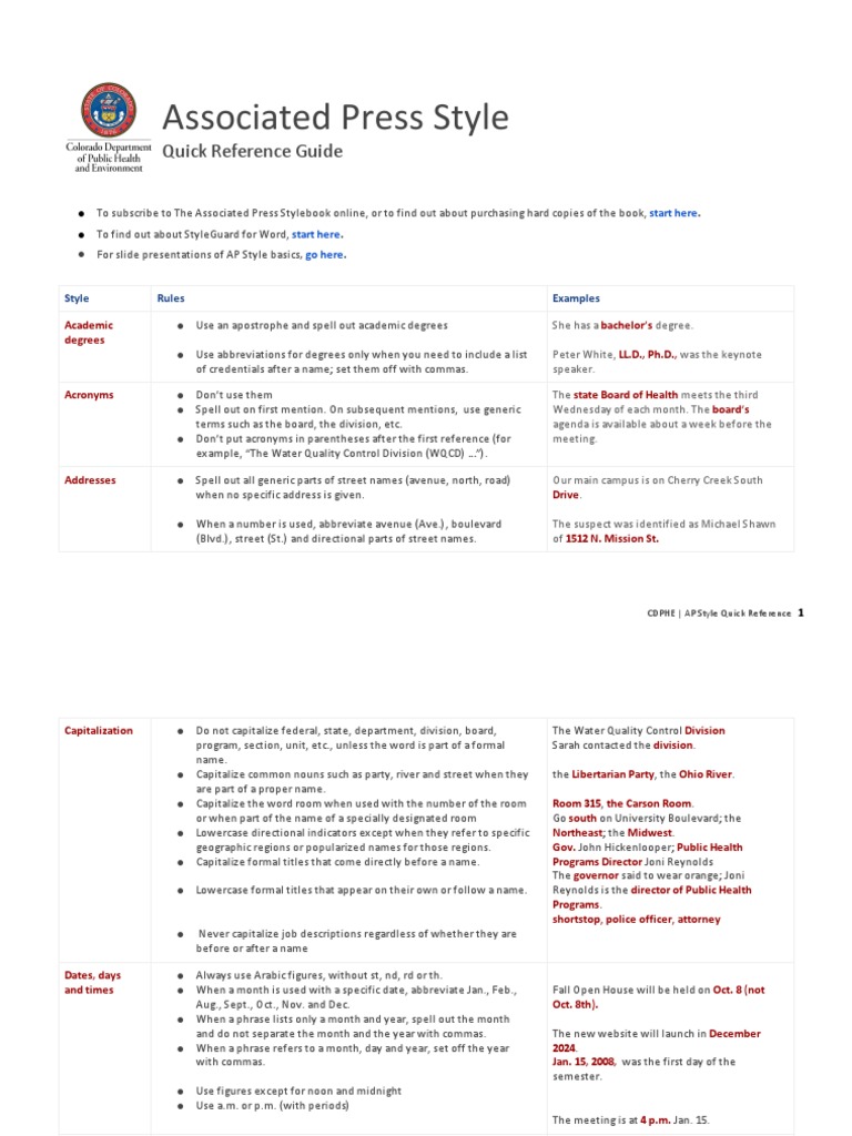AP Style Guide Cheat Sheet PDF | PDF