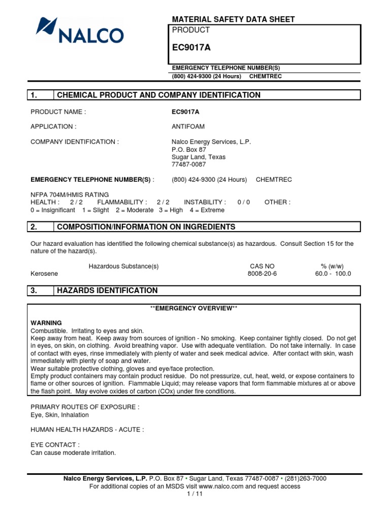 Antifoam-NALCO EC9017A-MSDS.pdf | Hazardous Waste | Dangerous Goods