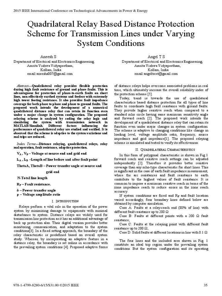 Quadrilateral Relay Based Distance Protection Scheme For Transmission ...