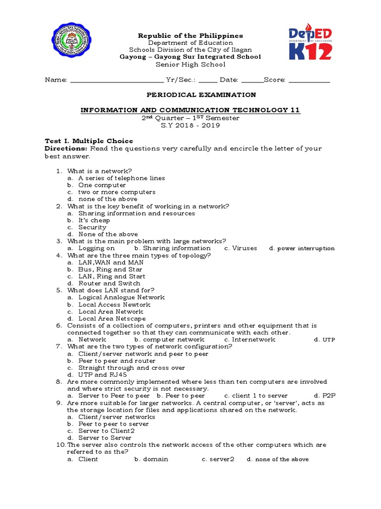 Periodical Exam in ICT12&11 2018-2019 2nd Quarter | PDF | Wireless Lan | Computer Network