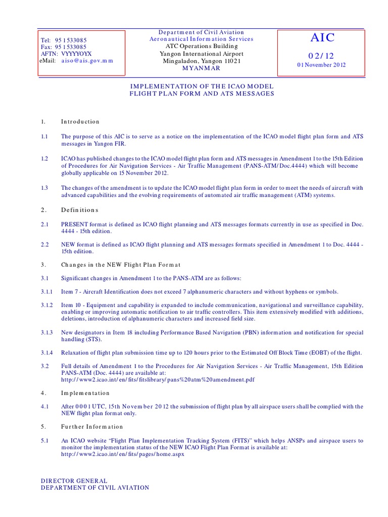 ICAO Flight Plan Format Implementation | PDF | Air Traffic Control ...