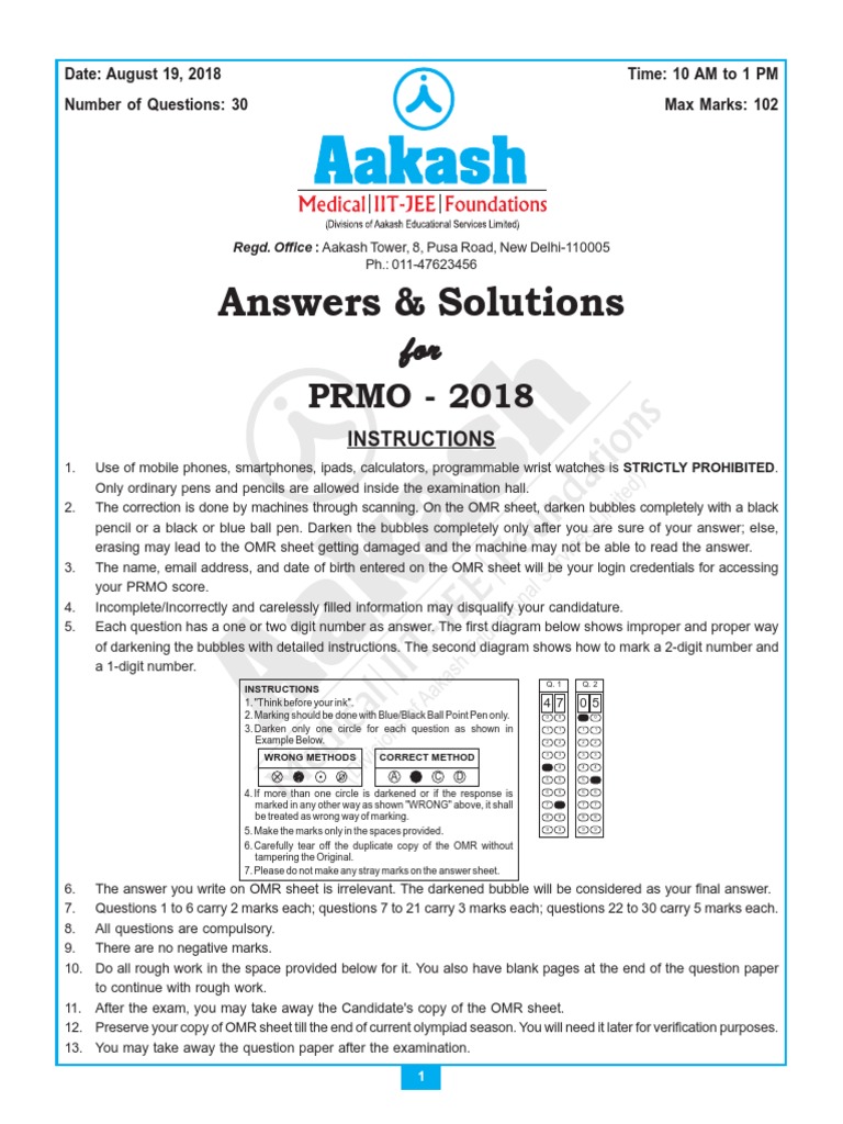 PRMO 2018 Answer Solutions | Download Free PDF | Triangle | Triangle Geometry