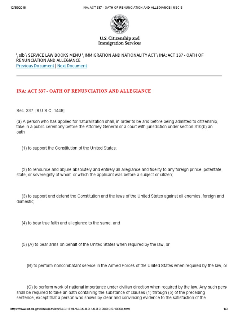 Ina - Act 337 - Oath of Renunciation and Allegiance - Uscis | PDF ...