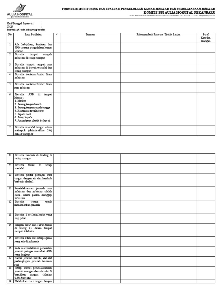 Ppi - Formulir Supervisi Pengelolaan Kamar Jenazah Dan Pemulasaraan Jenazah | PDF