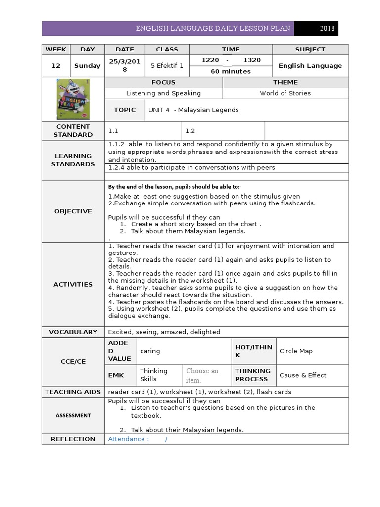 English Language Daily Lesson Plan 2018: Choose An Item | PDF | Lesson ...