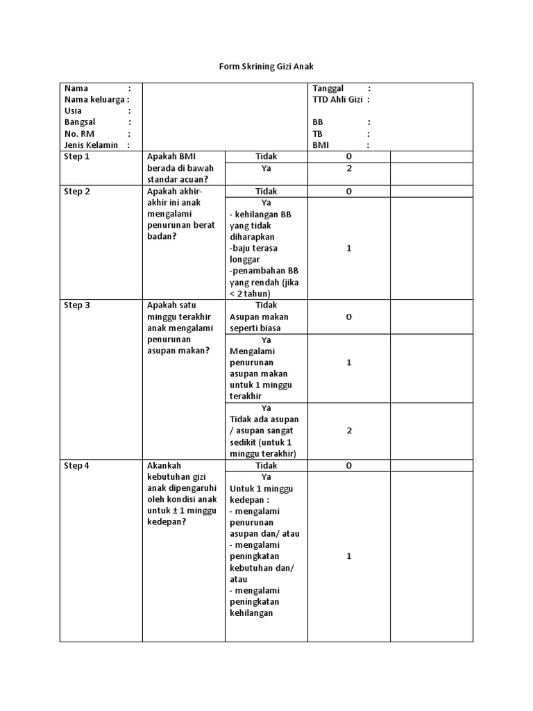 Form Skrining Gizi Anak | PDF