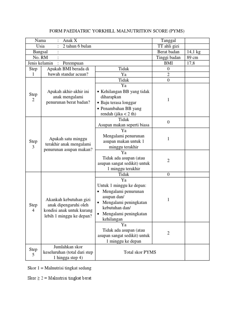 Form Paediatric Yorkhill Malnutrition Score | PDF