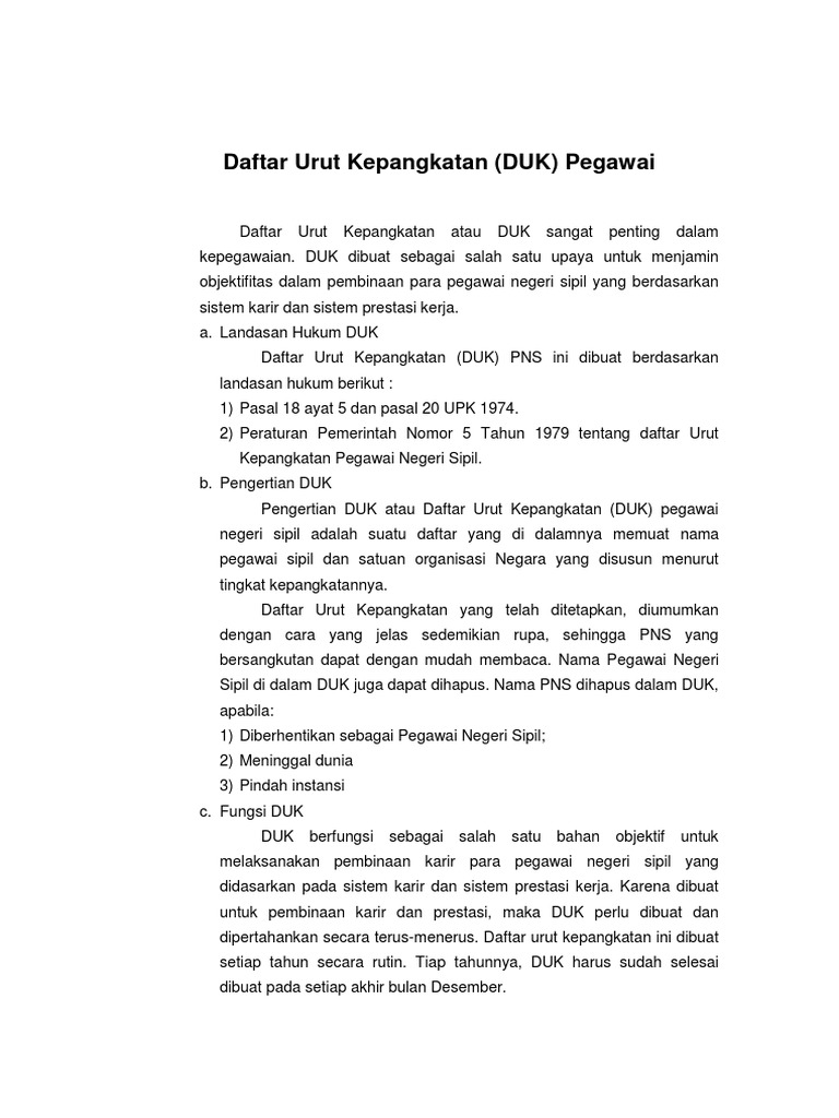Panduan DUK PNS: Fungsi & Penyusunan | PDF