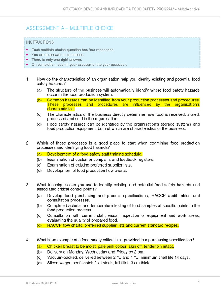 SITXFSA004 Assessment A Multiple-Choice V1-0 | PDF | Food Safety | Foods