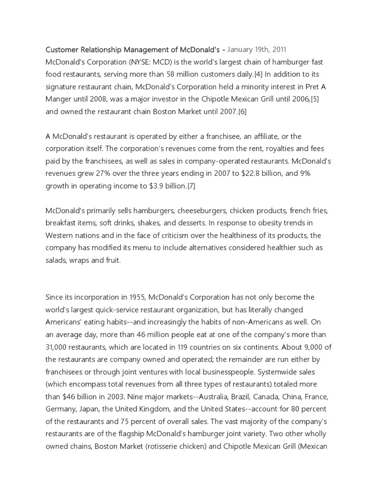 Customer Relationship Management of Mcdonald'S - January 19Th, 2011 | PDF