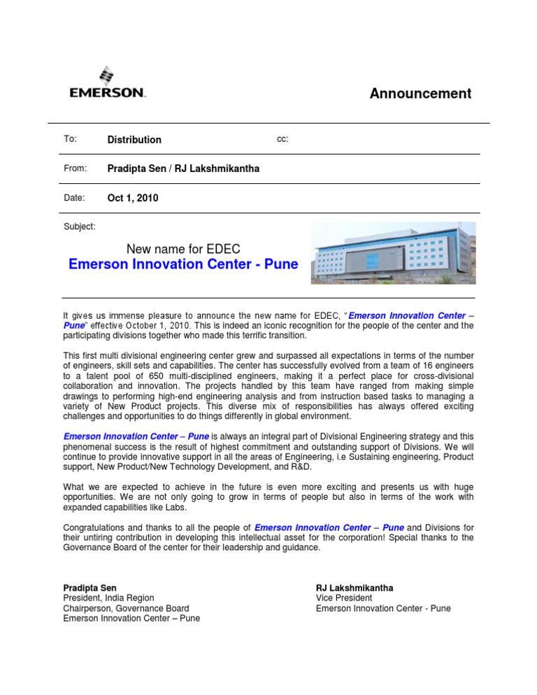 Announcement Emerson Innovation Center - Pune | PDF