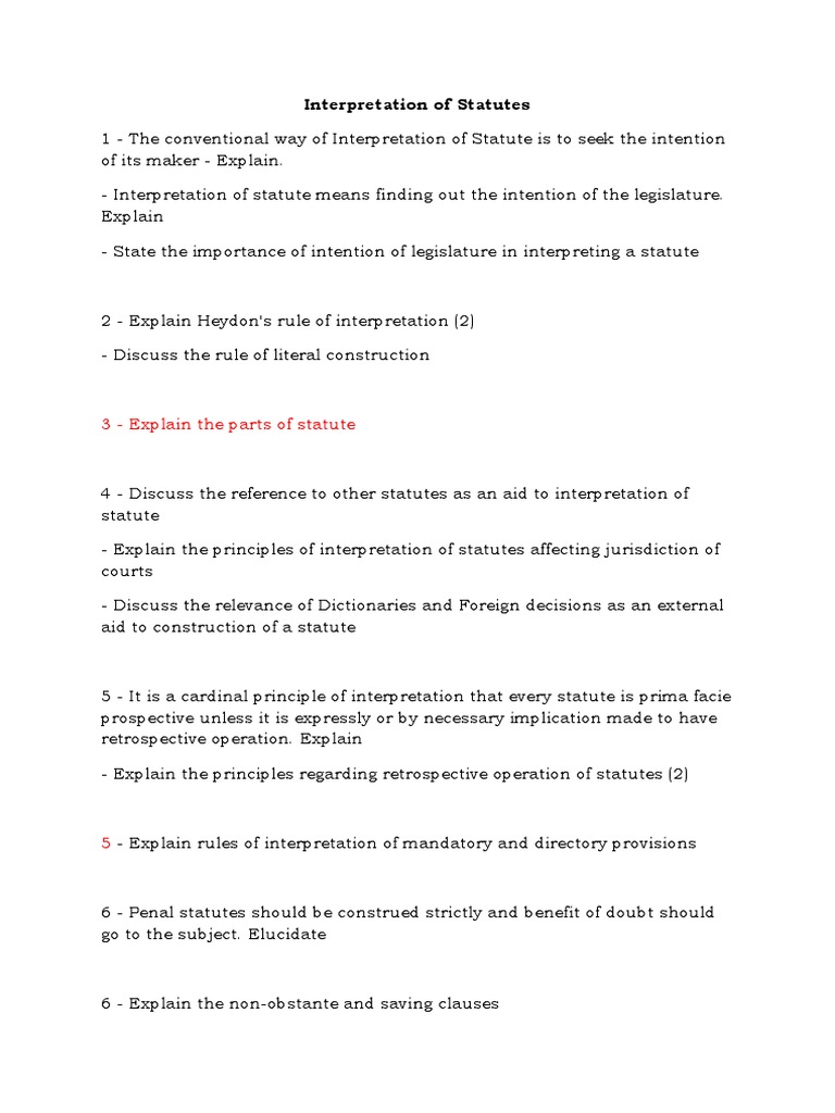 Interpretation of Statutes Important Questions | PDF