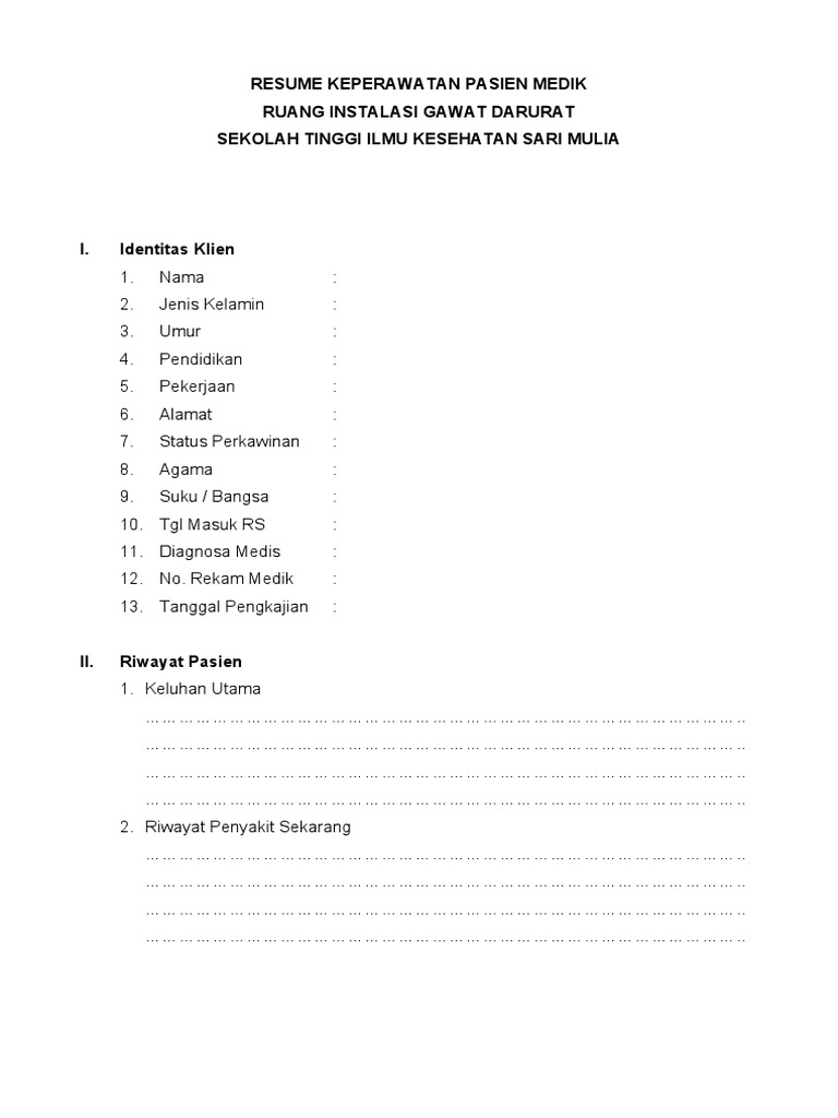 Resume Keperawatan Pasien Medik Ruang Instalasi Gawat Darurat Sekolah ...