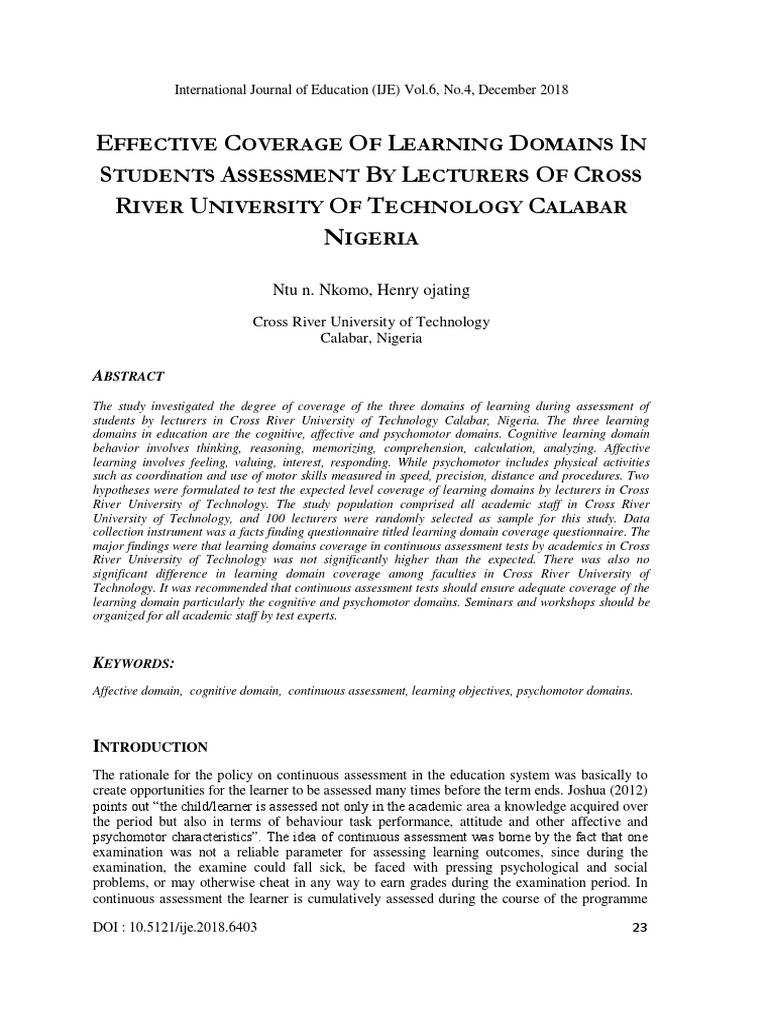 Effective Coverage of Learning Domains in Students Assessment by Lecturers of Cross River ...