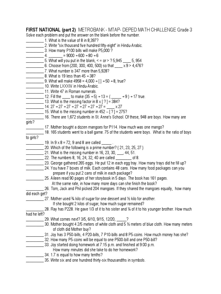 DEPED MATH CHALLENGE Grade 3 Worksheet with Solutions | PDF | Teaching ...