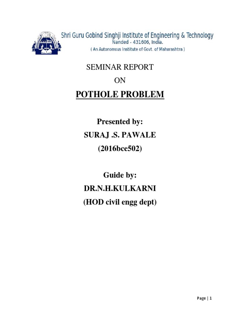 Seminar Report On Potholes Problem | PDF | Road Surface | Asphalt
