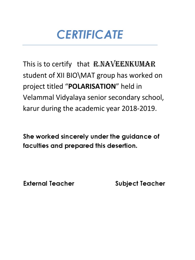 Certificate: She Worked Sincerely Under The Guidance of Faculties and ...