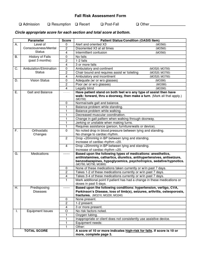Fall Risk Assessment Form: Evaluating Risk and Implementing Safety ...