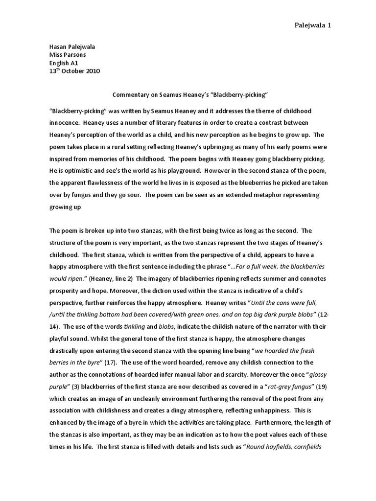 Commentary On Seamus Heaney's "Blackberry-Picking" | PDF