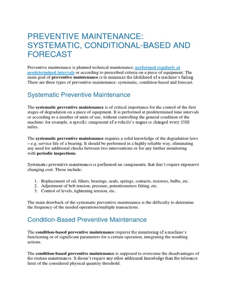 Preventive Maintenance: Systematic, Conditional-Based and Forecast ...