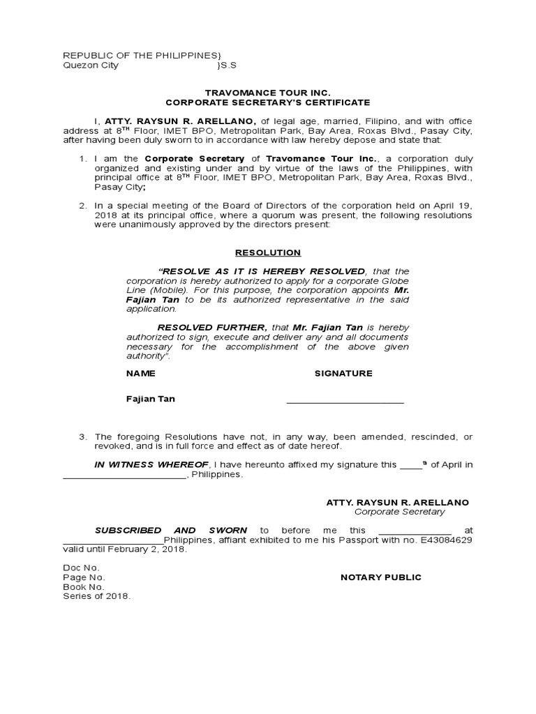 Corporate Secretary's Certificate for Globe | PDF | Law
