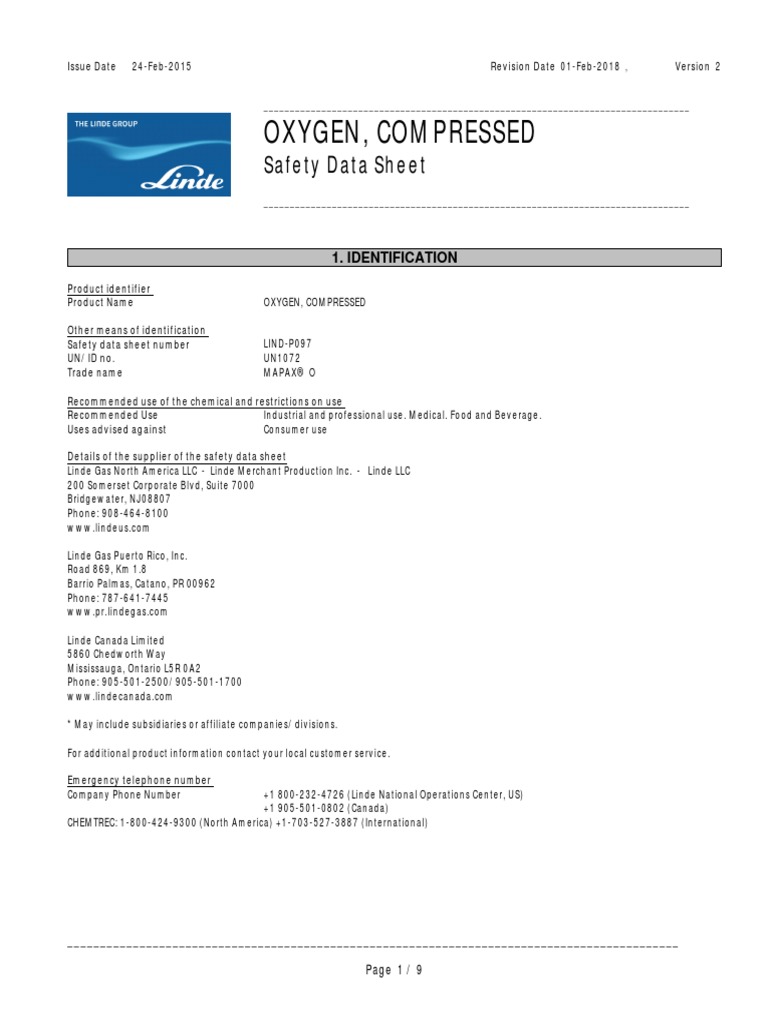 Oxygen, Compressed: Safety Data Sheet | PDF | Superfund | Fires