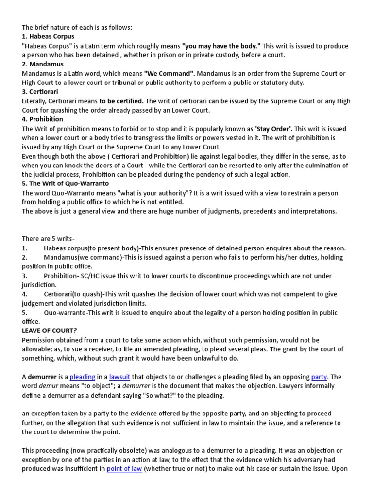 Different KInds of Writs | PDF | Habeas Corpus | Certiorari