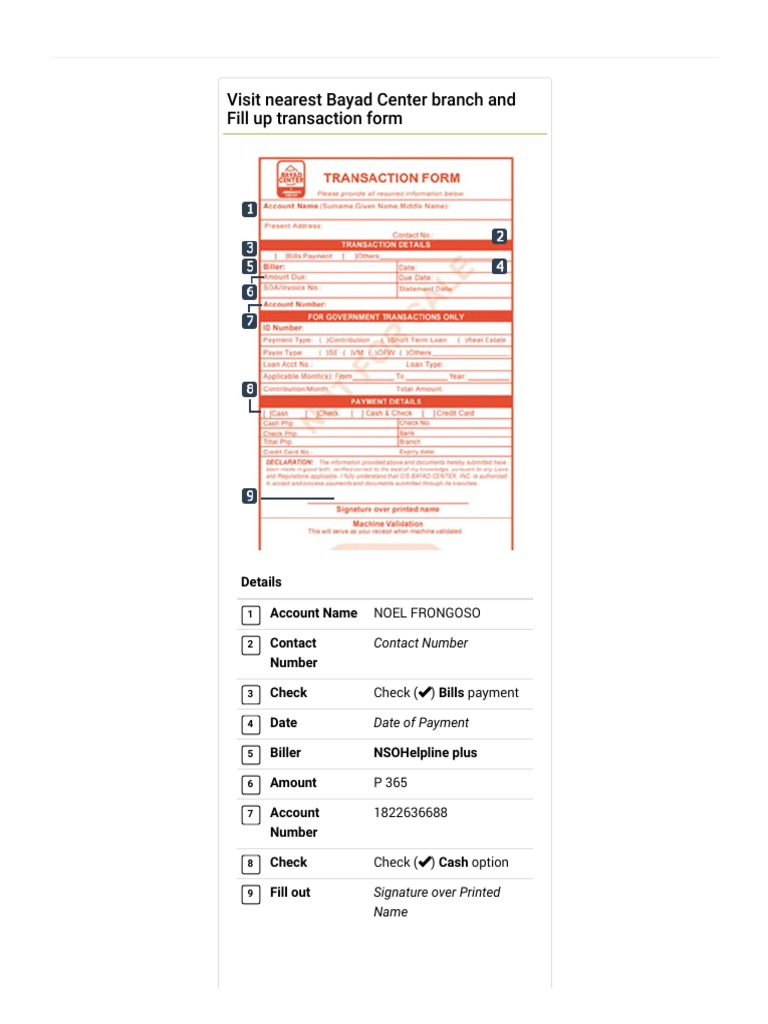 Visit Nearest Bayad Center Branch and Fill Up Transaction Form | PDF