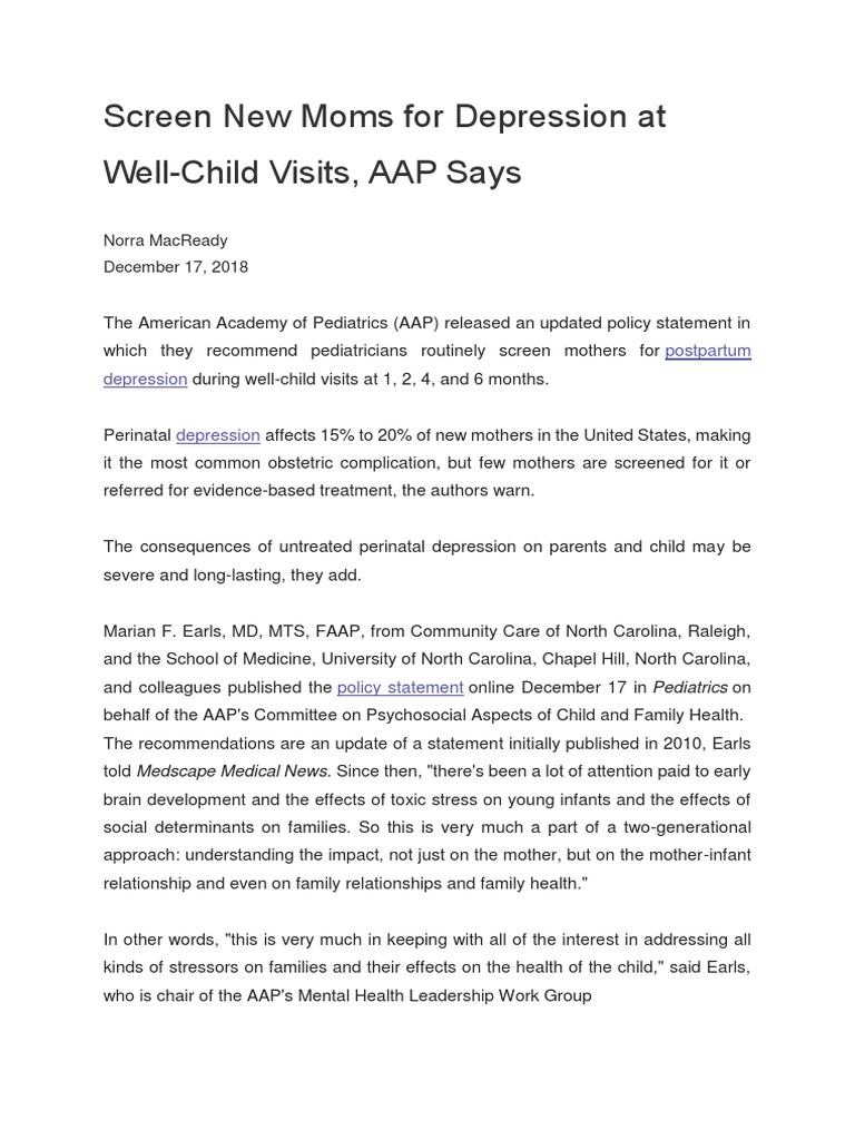 Screen New Moms For Depression at Well-Child Visits, AAP Says | PDF ...