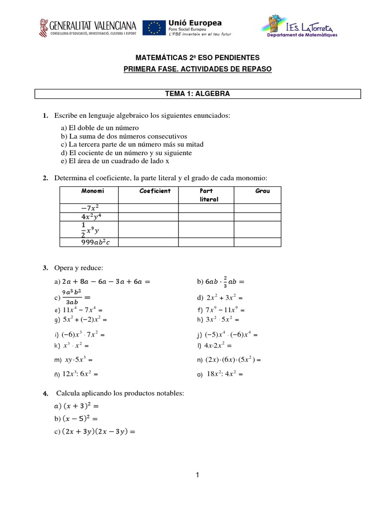Lenguaje Algebraico en Matemáticas 2º ESO | PDF | Álgebra | Enseñanza ...