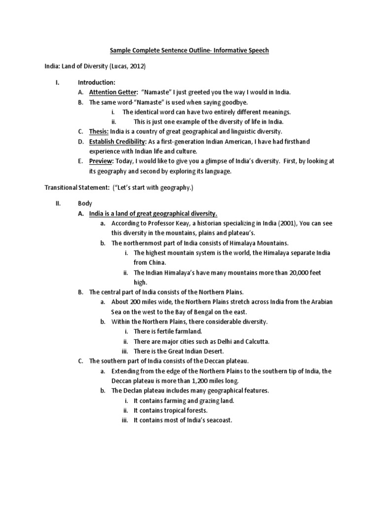 Sample Complete Sentence Outline-Informative Speech | PDF | Languages ...