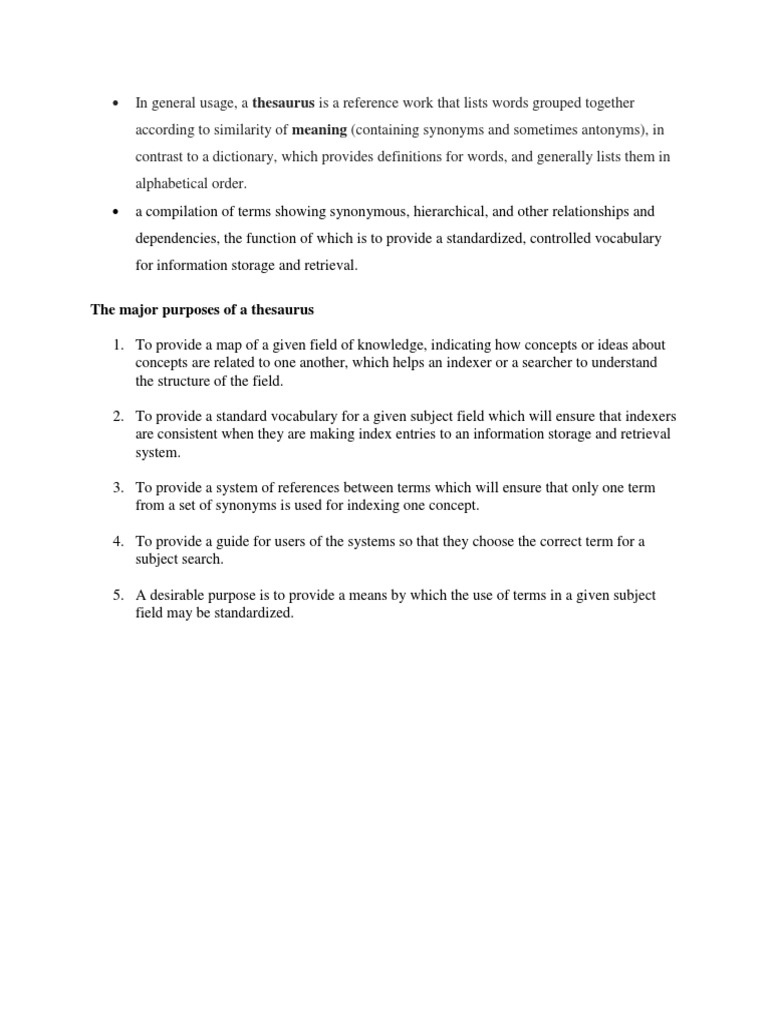 The Major Purposes of A Thesaurus | PDF