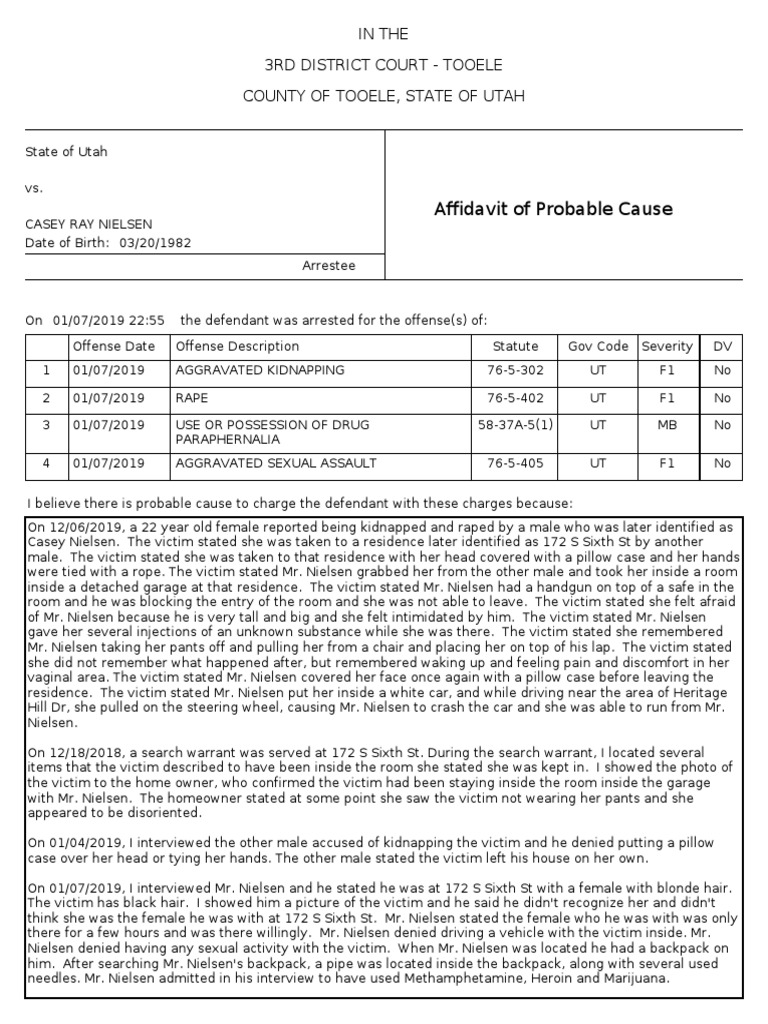 Casey Nielsen Affidavit of Probable Cause | PDF | Sexual Violence | Rape