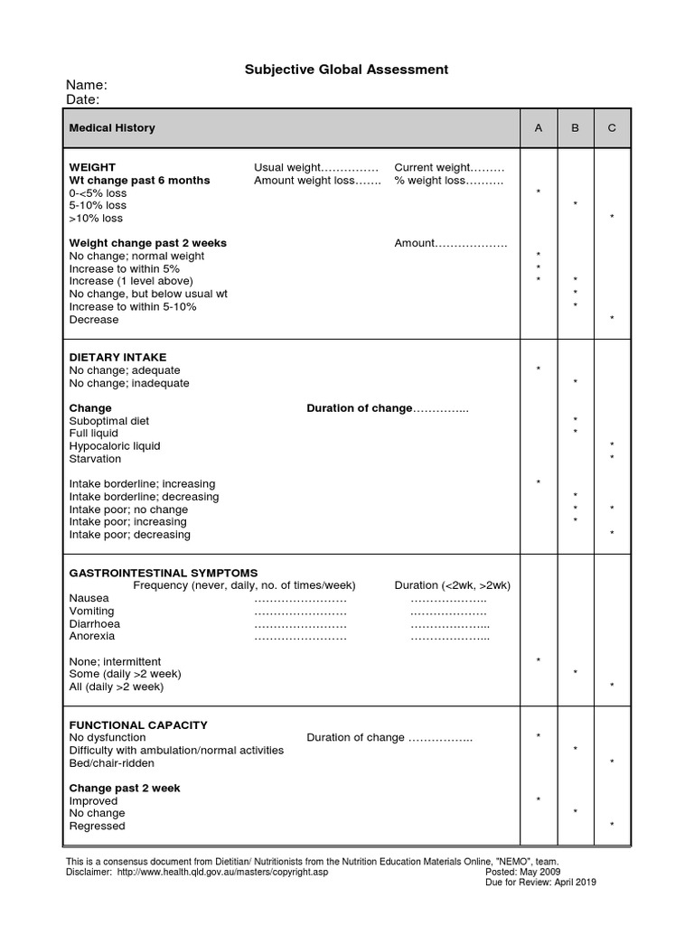 SGA Form | Download Free PDF | Weight Loss | Clinical Medicine