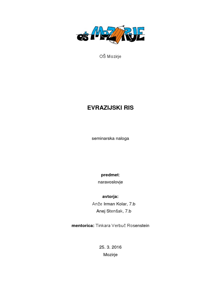 Evrazijski Ris - Seminarska Naloga | PDF