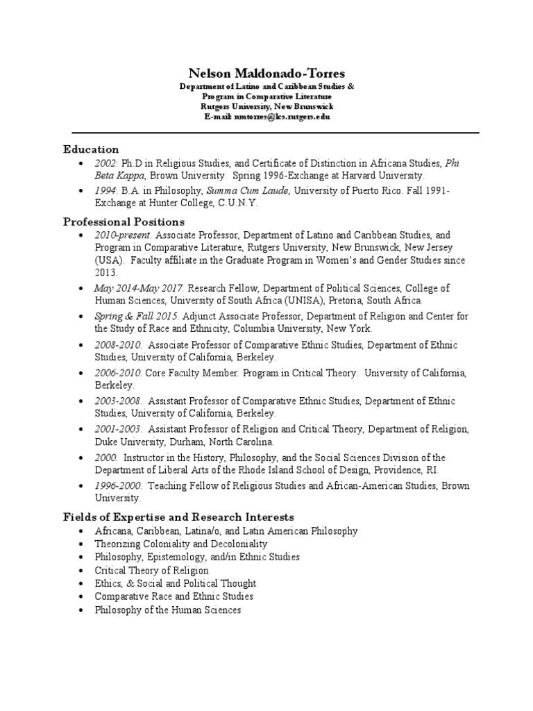Nelson Maldonado-Torres CV | PDF | Postcolonialism | Frantz Fanon