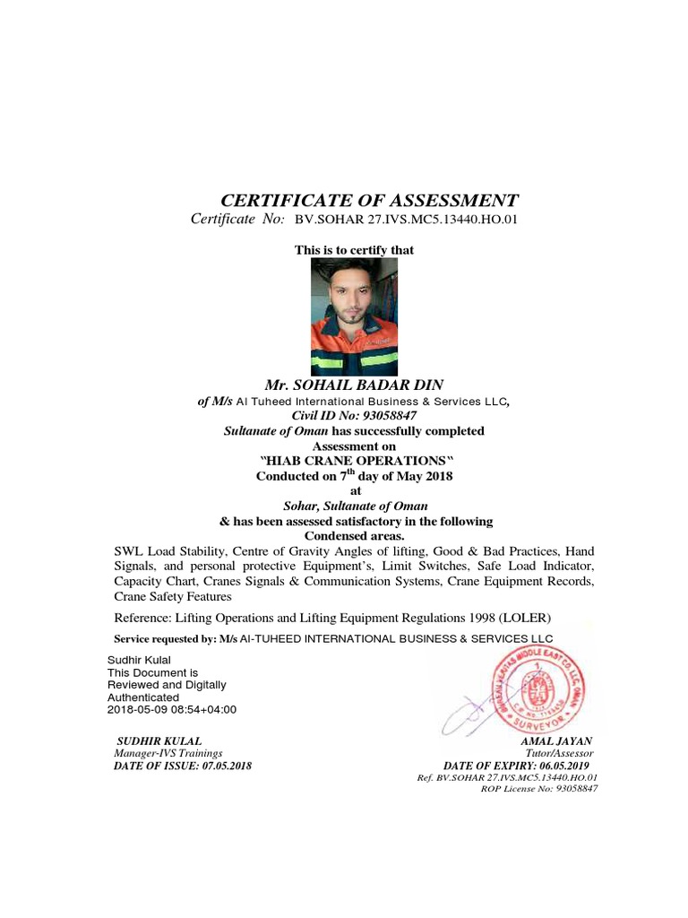 Certificate Hiab Crane Operations Assessment | PDF