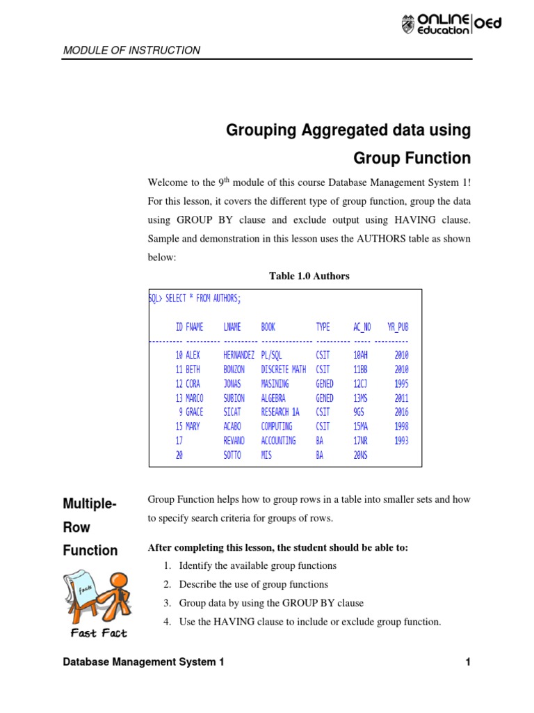 Grouping Aggregated Data Using Group Function: Module of Instruction | PDF | Standard Deviation ...
