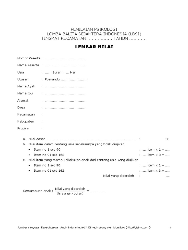 Formulir Penilaian Psikologi Lomba Balita Sehat PDF | PDF Formulir Penilaian Psikologi Lomba Balita Sehat PDF | PDF