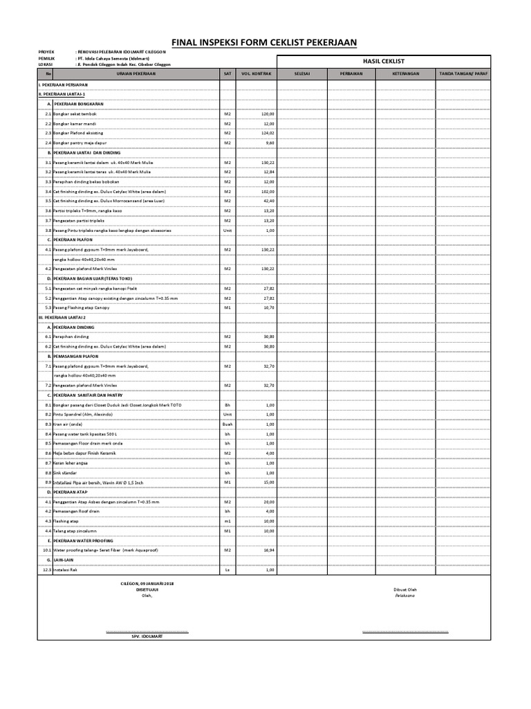 Form Ceklist Final Pekerjaan Cilegon | PDF