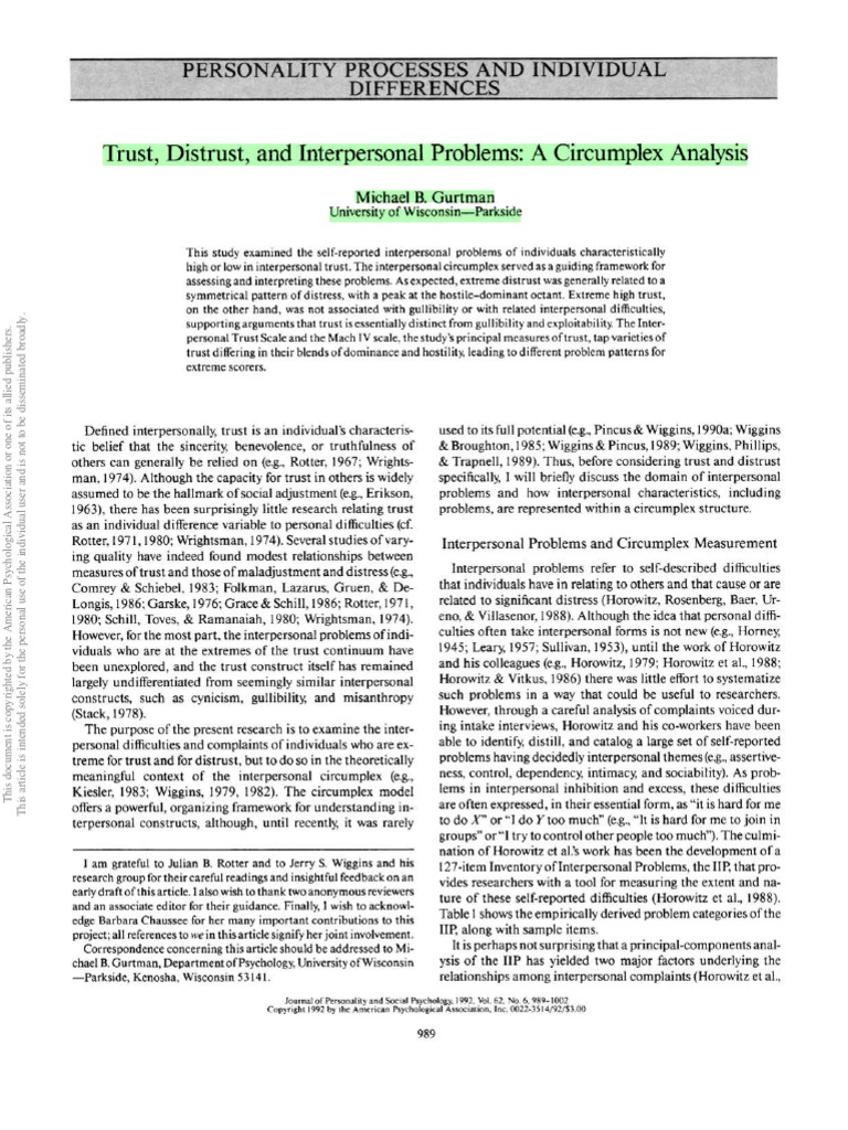 Trust, Distrust, and Interpersonal Problems: A Circumplex Analysis ...