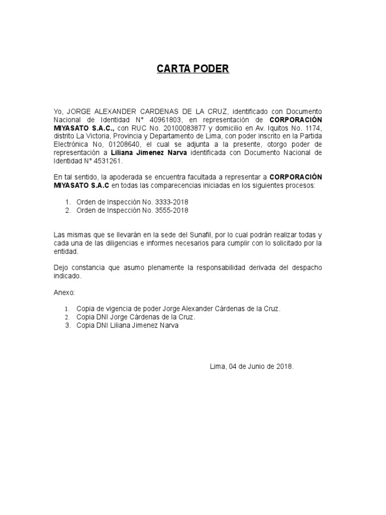 CARTA PODER SUNAFIL - Jorge Alexander (Liliana) | Descargar gratis PDF | Gobierno y personalidad ...