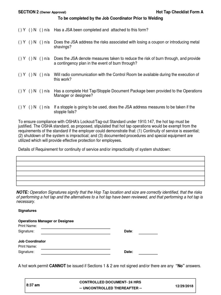 Section 2 Hot Tap Checklist Form A To Be Completed by The Job ...