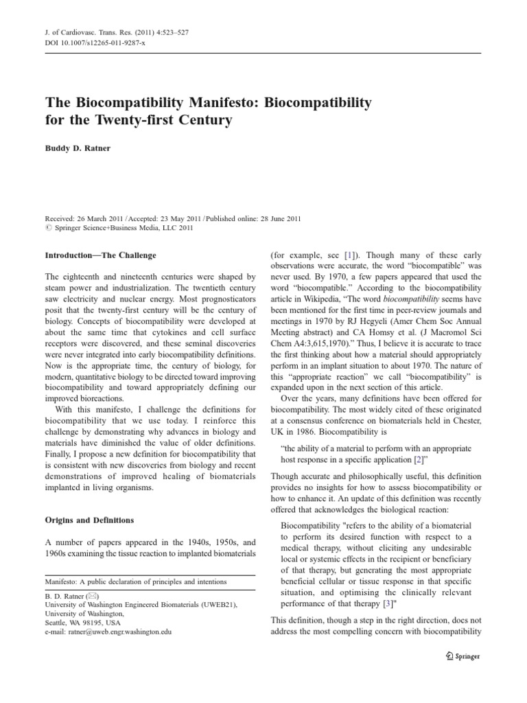 The Biocompatibility Manifesto: Biocompatibility For The Twenty-First ...