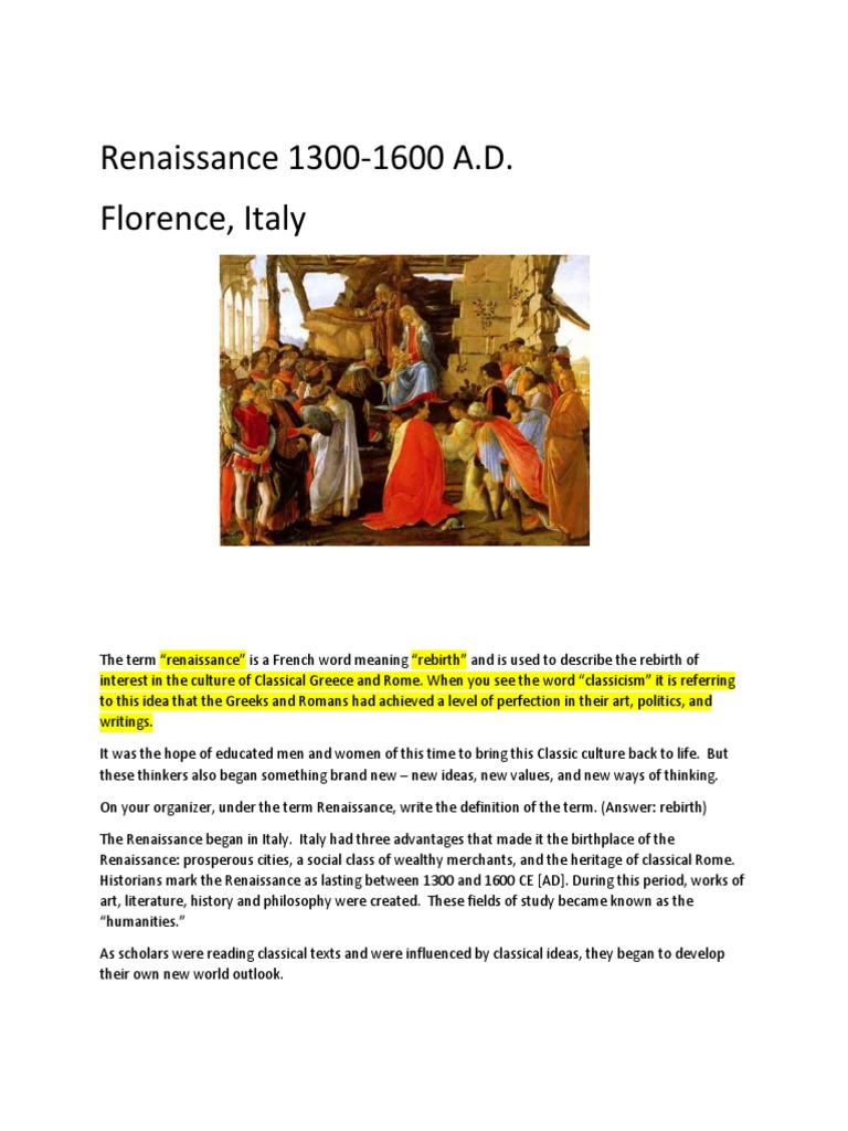 Renaissance 1300-1600 A.D. Florence, Italy | PDF | Renaissance | Humanism